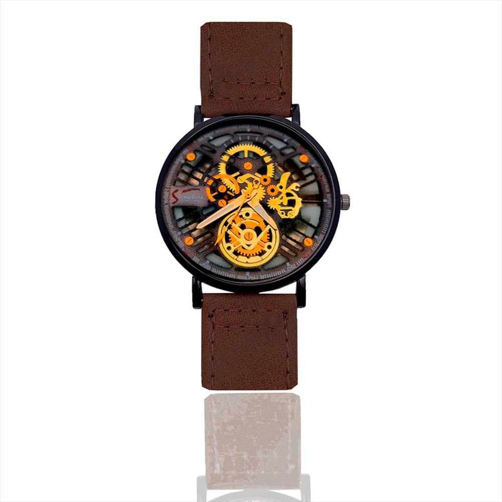 Reloj Corazon Abierto Triple Engranaje Dorado Marron