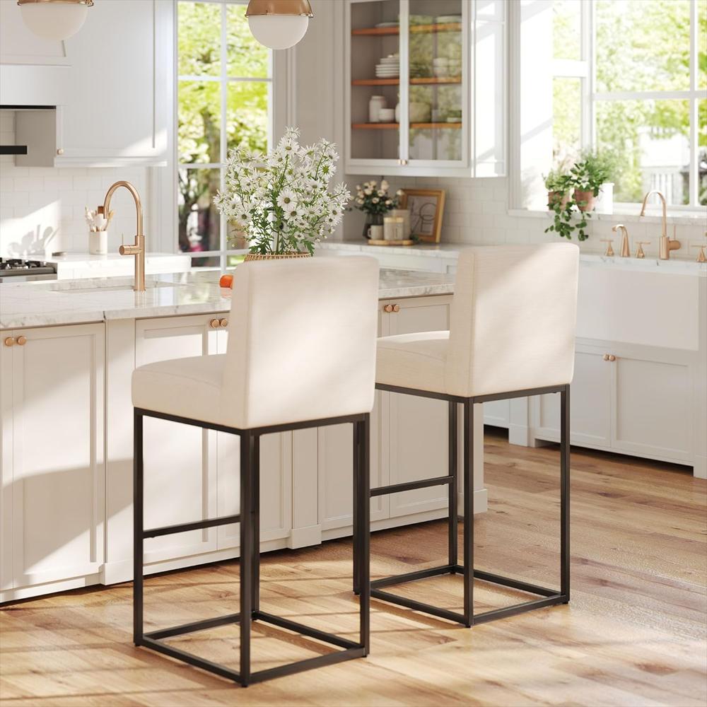 Sillas De Bar Hny Tapizadas Lino Crema Respaldo Metal Negro 78.74 Cm ...