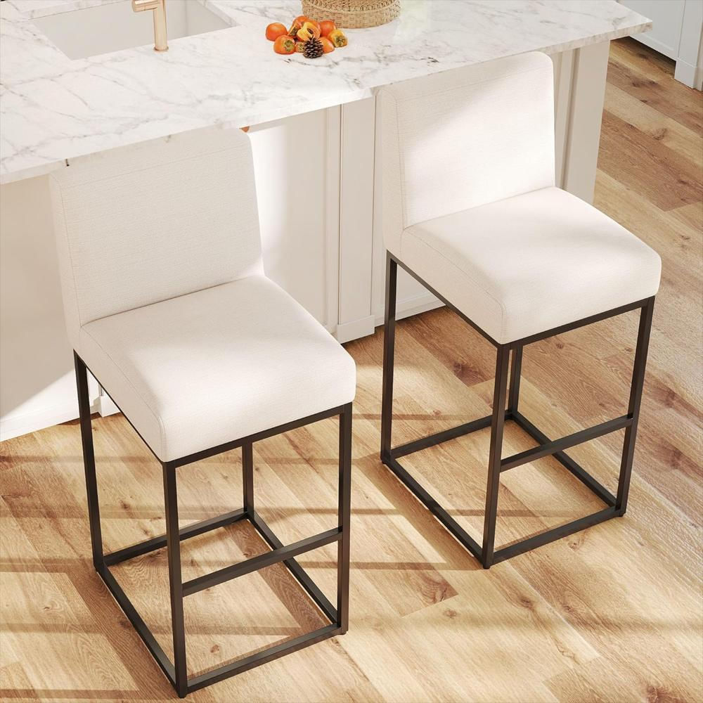 Sillas De Bar Hny Tapizadas Lino Crema Respaldo Metal Negro 78.74 Cm ...